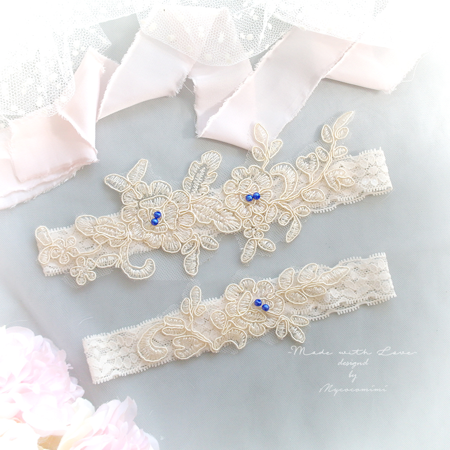 Romantic Cream Beige Ivory Lace Garter Set, Navy Blue Bead Lace ...