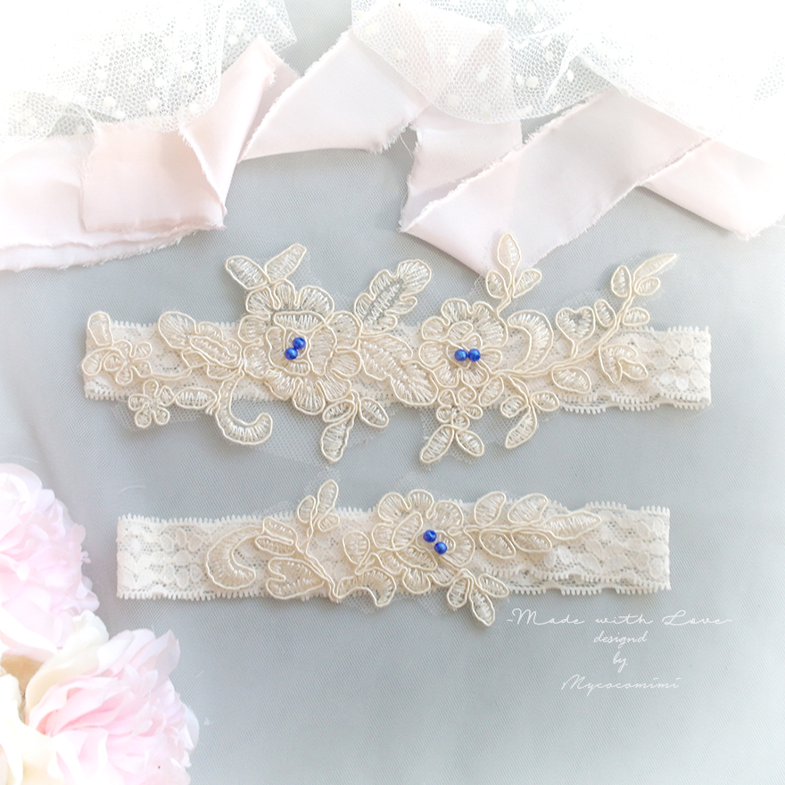 Romantic Cream Beige Ivory Lace Garter Set, Navy Blue Bead Lace ...