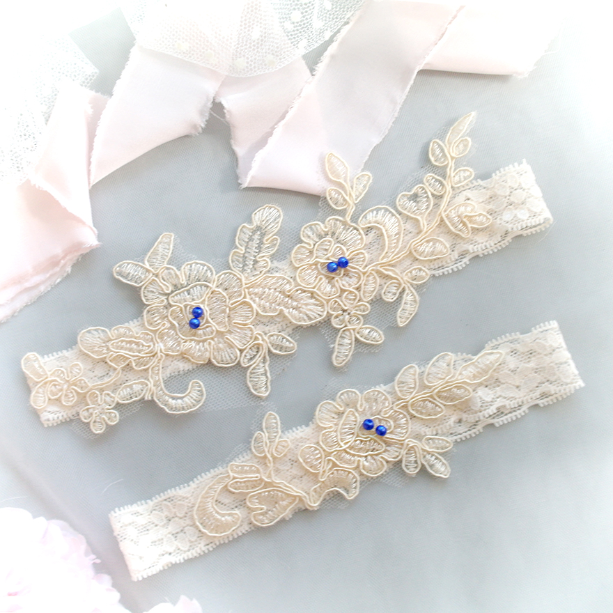Romantic Cream Beige Ivory Lace Garter Set, Navy Blue Bead Lace ...