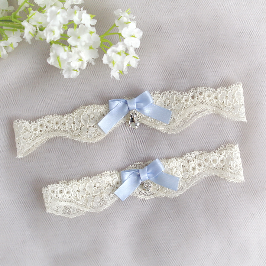Wedding Bridal Garter Set , Light Beige Lace Baby Blue Bow Bling ...